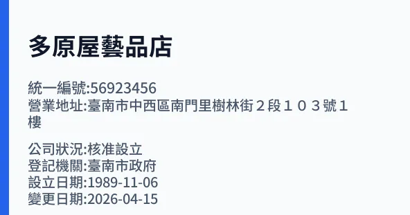 多原屋藝品店的照片-統編 56923456(臺南市) 公司登記資料與營業項目詳細圖表