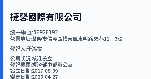 捷馨國際有限公司的照片-統編 56926192(基隆市) 公司登記資料與營業項目詳細圖表