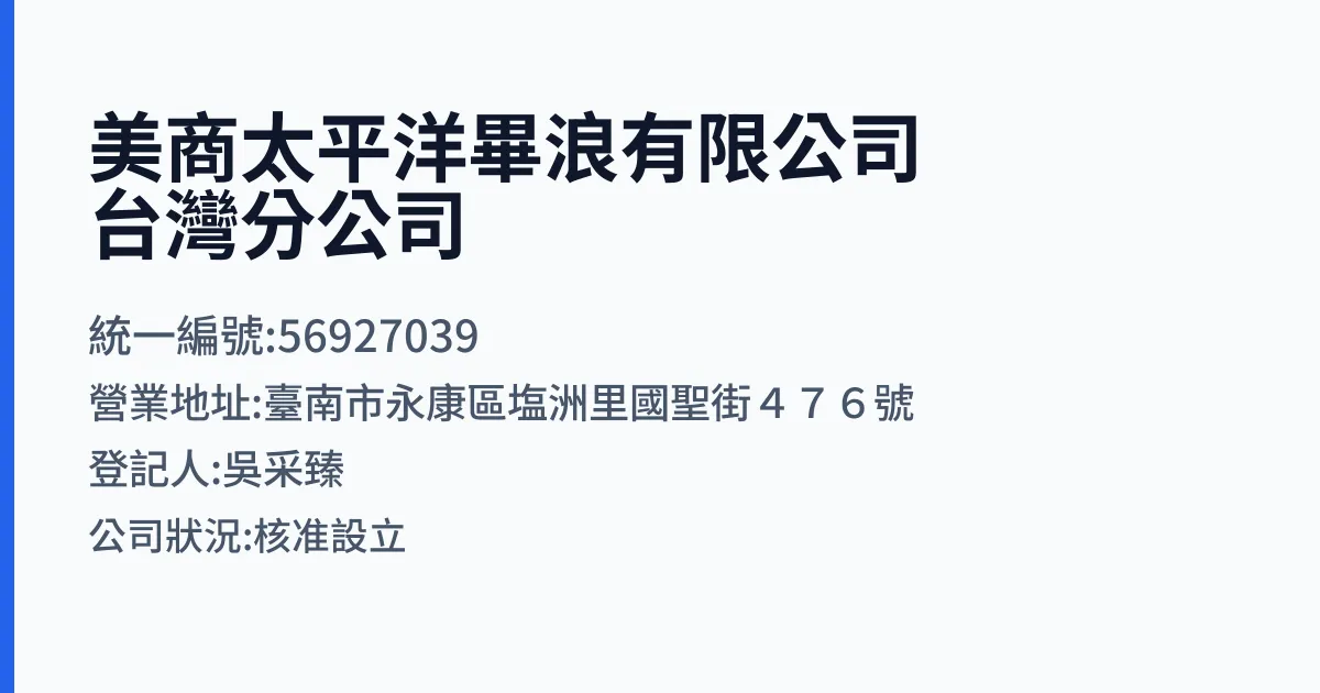 美商太平洋畢浪有限公司台灣分公司 - 統編 56927039(臺南市) 公司登記資料與營業項目詳細圖表