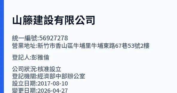 山籐建設有限公司的照片-統編 56927278(新竹市) 公司登記資料與營業項目詳細圖表