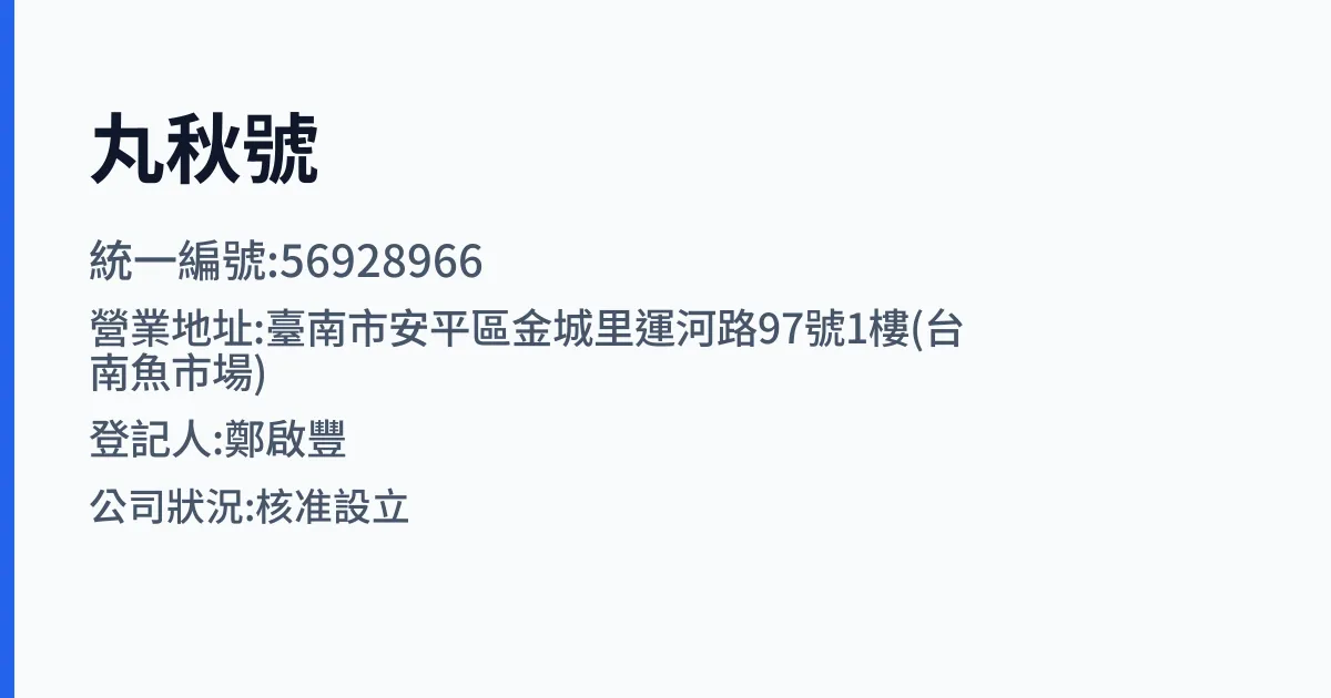 丸秋號 - 統編 56928966(臺南市) 公司登記資料與營業項目詳細圖表