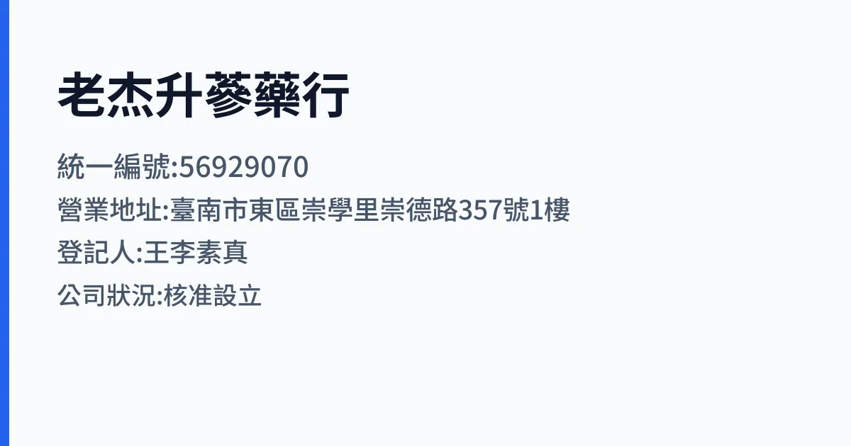 老杰升蔘藥行 - 統編 56929070(臺南市) 公司登記資料與營業項目詳細圖表