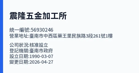 震隆五金加工所的照片-統編 56930246(臺南市) 公司登記資料與營業項目詳細圖表