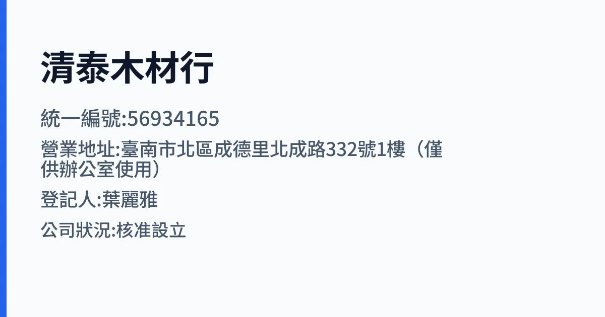 清泰木材行 - 統編 56934165(臺南市) 公司登記資料與營業項目詳細圖表
