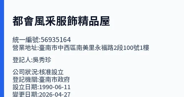 都會風釆服飾精品屋的照片-統編 56935164(臺南市) 公司登記資料與營業項目詳細圖表