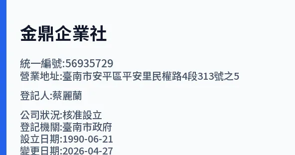 金鼎企業社的照片-統編 56935729(臺南市) 公司登記資料與營業項目詳細圖表