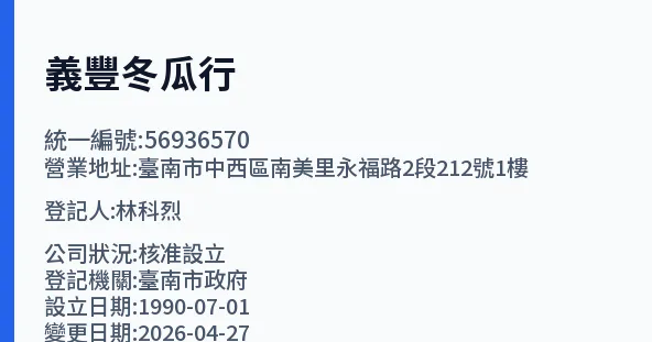 義豐冬瓜行的照片-統編 56936570(臺南市) 公司登記資料與營業項目詳細圖表