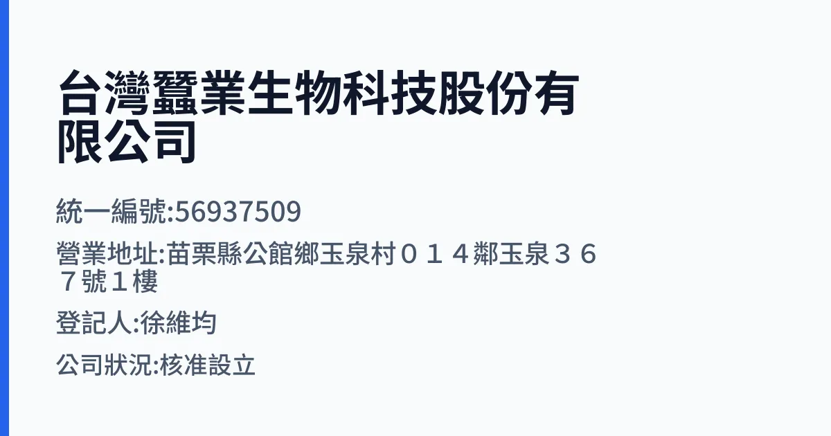 台灣蠶業生物科技股份有限公司 - 統編 56937509(苗栗縣) 公司登記資料與營業項目詳細圖表