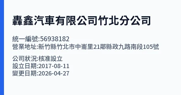 轟鑫汽車有限公司竹北分公司的照片-統編 56938182(新竹縣) 公司登記資料與營業項目詳細圖表