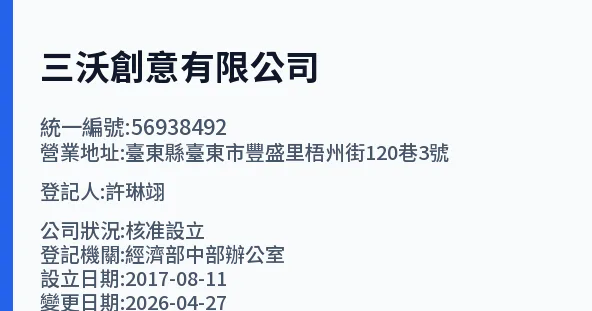三沃創意有限公司的照片-統編 56938492(臺東縣) 公司登記資料與營業項目詳細圖表