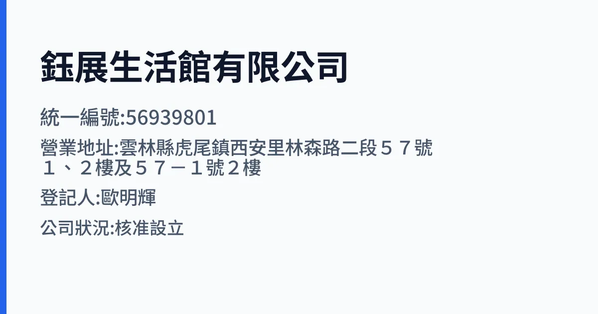鈺展生活館有限公司 - 統編 56939801(雲林縣) 公司登記資料與營業項目詳細圖表