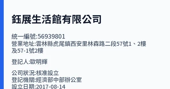 鈺展生活館有限公司的照片-統編 56939801(雲林縣) 公司登記資料與營業項目詳細圖表