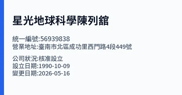 星光地球科學陳列舘的照片-統編 56939838(臺南市) 公司登記資料與營業項目詳細圖表