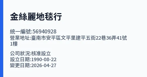 金絲麗地毯行的照片-統編 56940928(臺南市) 公司登記資料與營業項目詳細圖表