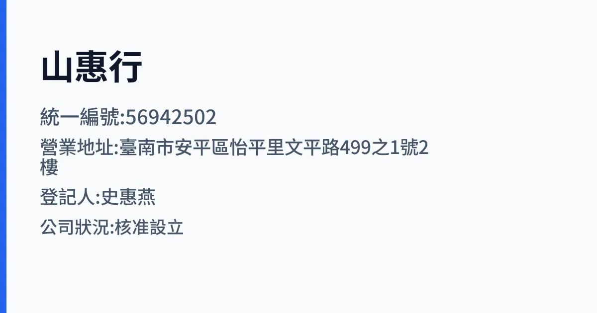 山惠行 - 統編 56942502(臺南市) 公司登記資料與營業項目詳細圖表