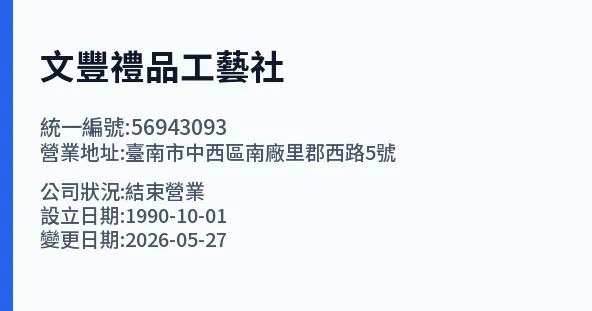 文豐禮品工藝社的照片-統編 56943093(臺南市) 公司登記資料與營業項目詳細圖表