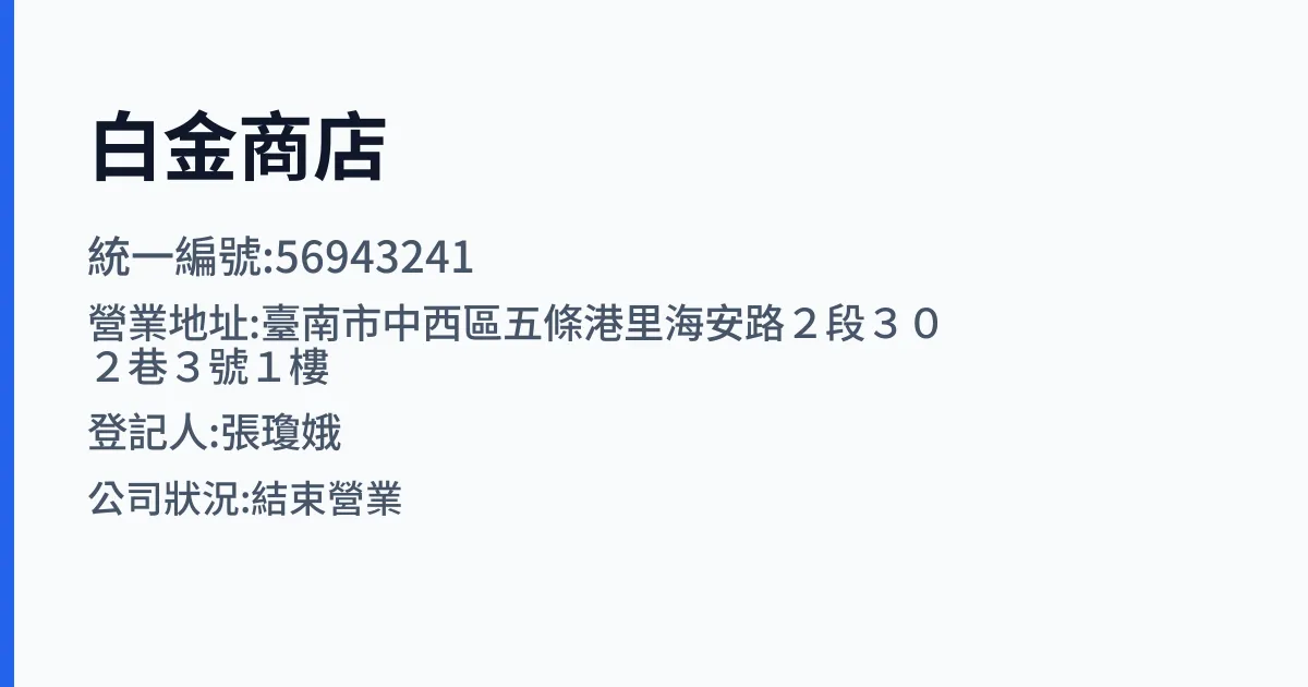 白金商店 - 統編 56943241(臺南市) 公司登記資料與營業項目詳細圖表