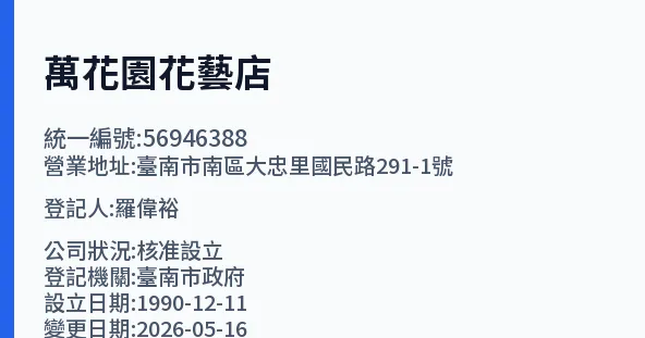 萬花園花藝店的照片-統編 56946388(臺南市) 公司登記資料與營業項目詳細圖表