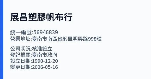 展昌塑膠帆布行的照片-統編 56946839(臺南市) 公司登記資料與營業項目詳細圖表