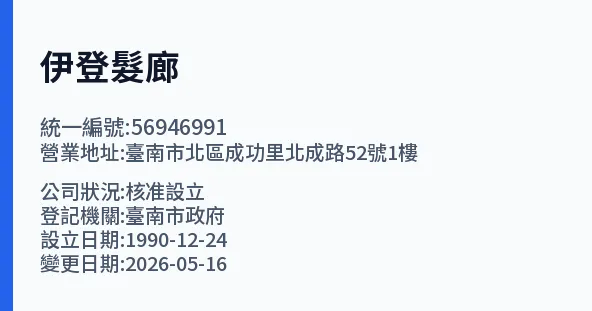 伊登髮廊的照片-統編 56946991(臺南市) 公司登記資料與營業項目詳細圖表