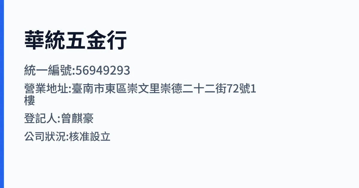 華統五金行 - 統編 56949293(臺南市) 公司登記資料與營業項目詳細圖表