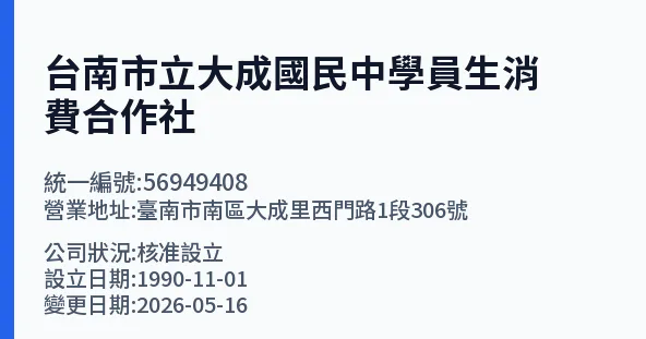 台南市立大成國民中學員生消費合作社的照片-統編 56949408(臺南市) 公司登記資料與營業項目詳細圖表
