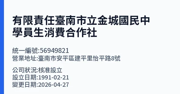 有限責任臺南市立金城國民中學員生消費合作社的照片-統編 56949821(臺南市) 公司登記資料與營業項目詳細圖表