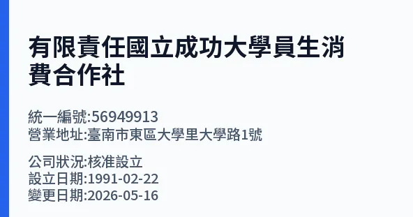 有限責任國立成功大學員生消費合作社的照片-統編 56949913(臺南市) 公司登記資料與營業項目詳細圖表