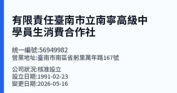 有限責任臺南市立南寧高級中學員生消費合作社的照片-統編 56949982(臺南市) 公司登記資料與營業項目詳細圖表
