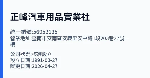正峰汽車用品實業社的照片-統編 56952135(臺南市) 公司登記資料與營業項目詳細圖表