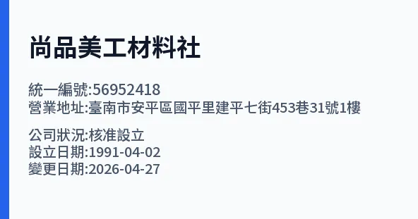 尚品美工材料社的照片-統編 56952418(臺南市) 公司登記資料與營業項目詳細圖表