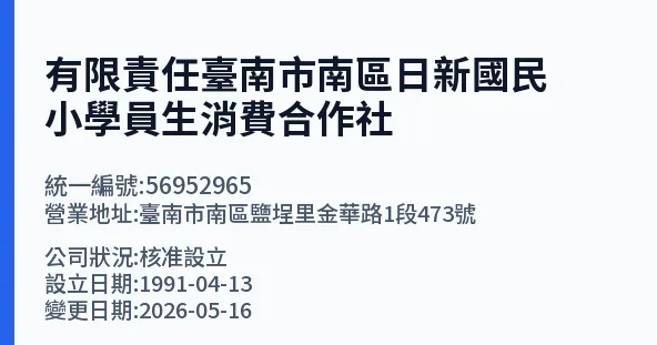 有限責任臺南市南區日新國民小學員生消費合作社的照片-統編 56952965(臺南市) 公司登記資料與營業項目詳細圖表