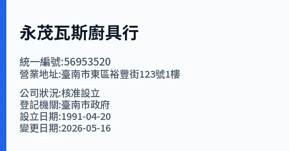 永茂瓦斯廚具行的照片-統編 56953520(臺南市) 公司登記資料與營業項目詳細圖表