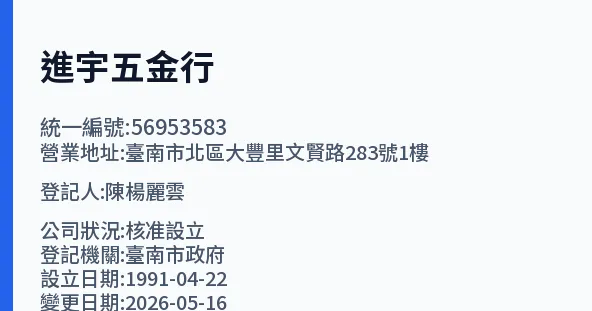進宇五金行的照片-統編 56953583(臺南市) 公司登記資料與營業項目詳細圖表