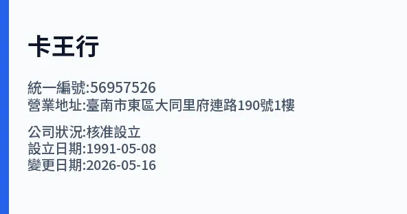 卡王行的照片-統編 56957526(臺南市) 公司登記資料與營業項目詳細圖表