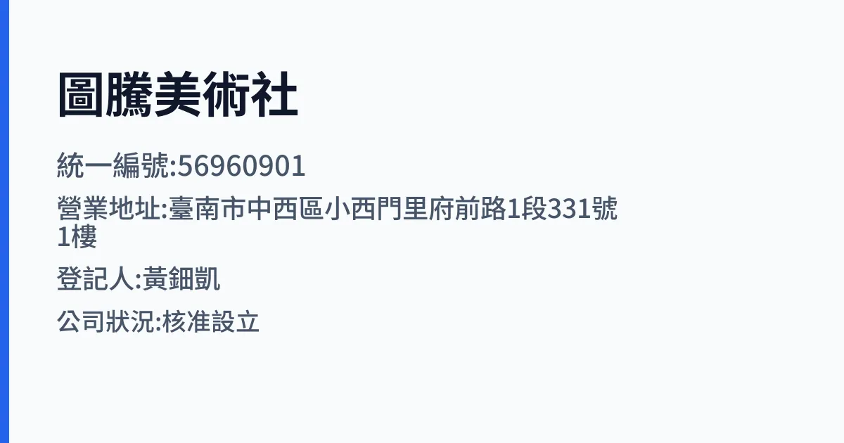 圖騰美術社 - 統編 56960901(臺南市) 公司登記資料與營業項目詳細圖表