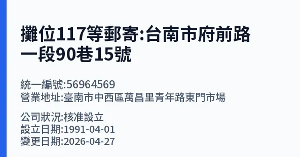 攤位117等郵寄:台南市府前路一段90巷15號的照片-統編 56964569(臺南市) 公司登記資料與營業項目詳細圖表