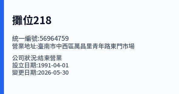 攤位218的照片-統編 56964759(臺南市) 公司登記資料與營業項目詳細圖表