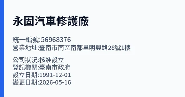 永固汽車修護廠的照片-統編 56968376(臺南市) 公司登記資料與營業項目詳細圖表