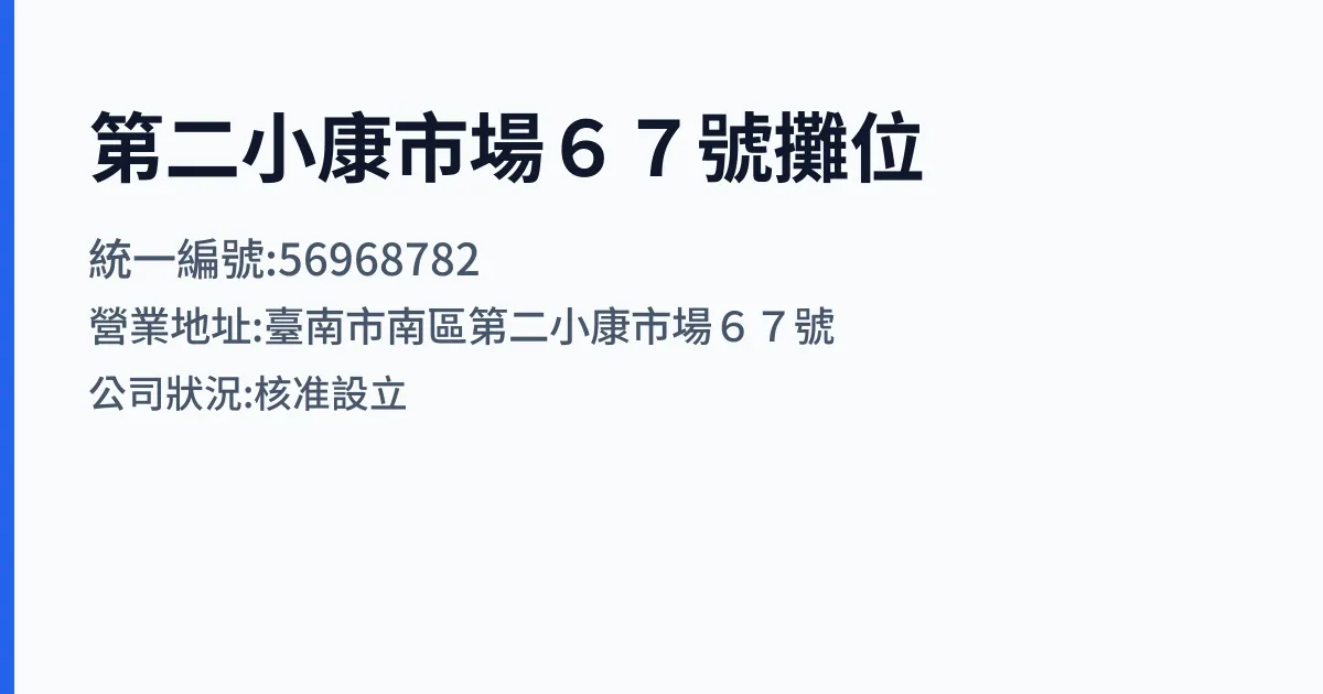 第二小康市場６７號攤位 - 統編 56968782(臺南市) 公司登記資料與營業項目詳細圖表