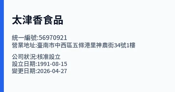 太津香食品的照片-統編 56970921(臺南市) 公司登記資料與營業項目詳細圖表