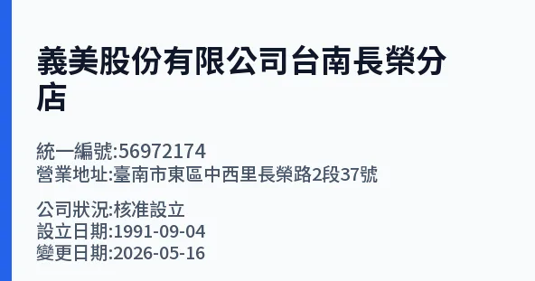 義美股份有限公司台南長榮分店的照片-統編 56972174(臺南市) 公司登記資料與營業項目詳細圖表