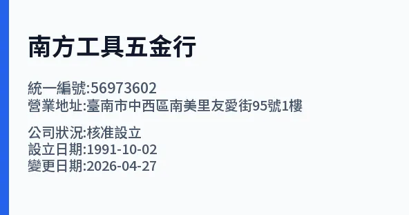 南方工具五金行的照片-統編 56973602(臺南市) 公司登記資料與營業項目詳細圖表