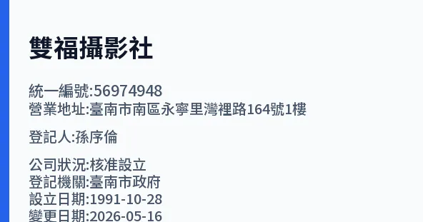 雙福攝影社的照片-統編 56974948(臺南市) 公司登記資料與營業項目詳細圖表