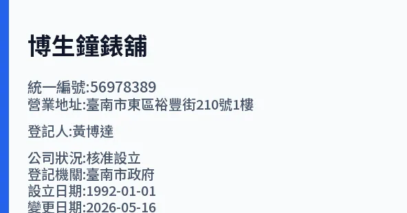 博生鐘錶舖的照片-統編 56978389(臺南市) 公司登記資料與營業項目詳細圖表