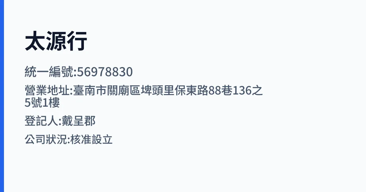 太源行 - 統編 56978830(臺南市) 公司登記資料與營業項目詳細圖表