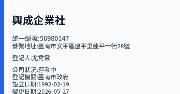 興成企業社的照片-統編 56980147(臺南市) 公司登記資料與營業項目詳細圖表