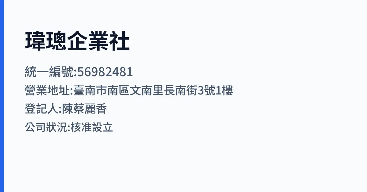 瑋璁企業社 - 統編 56982481(臺南市) 公司登記資料與營業項目詳細圖表