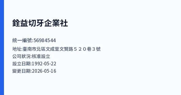 銓益切牙企業社的照片-統編 56984544(臺南市) 公司登記資料與營業項目詳細圖表