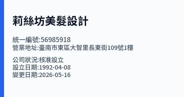 莉絲坊美髮設計的照片-統編 56985918(臺南市) 公司登記資料與營業項目詳細圖表